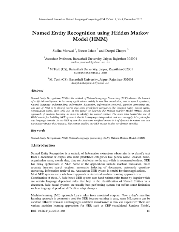 Pdf Named Entity Recognition Using Hidden Markov Model Hmm