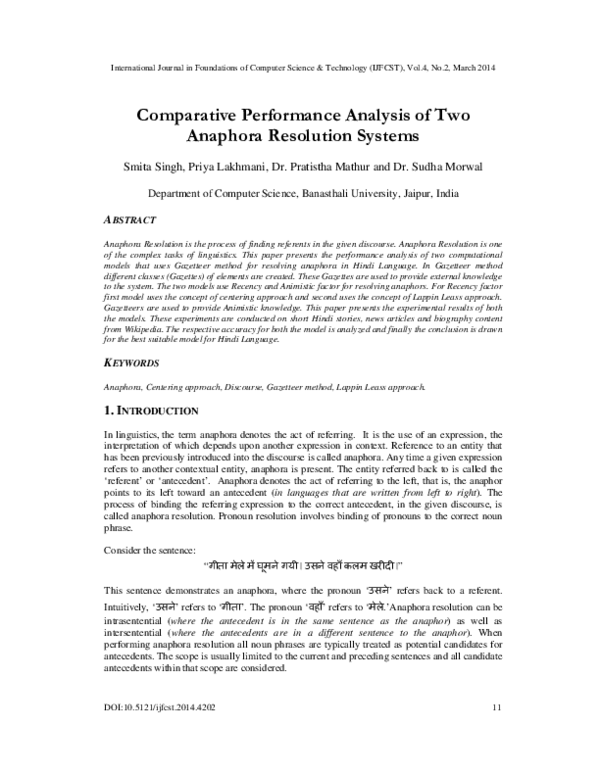 (PDF) Comparative Performance Analysis of Two Anaphora Resolution Systems
