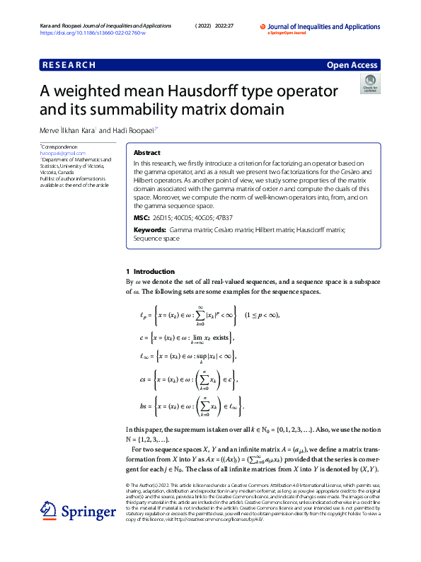 Pdf A Weighted Mean Hausdorff Type Operator And Its Summability Matrix Domain