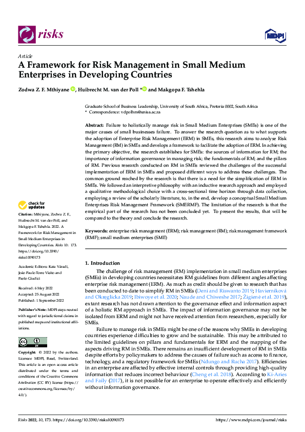 (PDF) A Framework for Risk Management in Small Medium Enterprises in ...