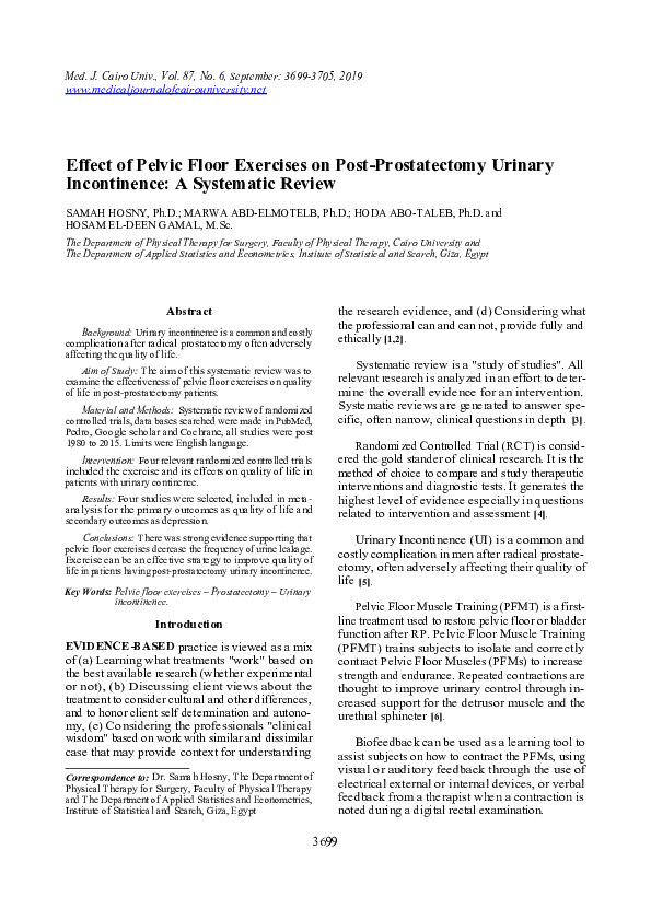 (PDF) Effect of Pelvic Floor Exercises on Post-Prostatectomy Urinary ...