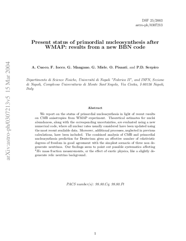(PDF) Present Status of Primordial Nucleosynthesis After Wmap: Results from a New BBN Code
