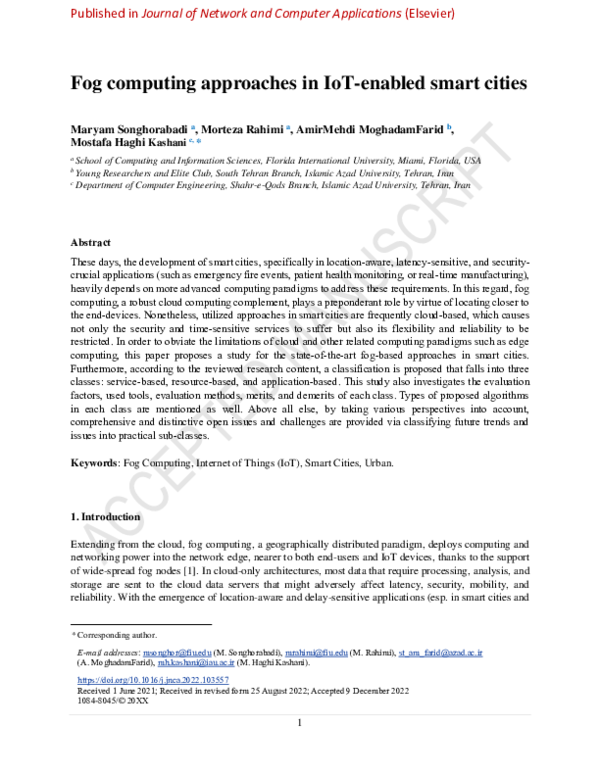 (PDF) Fog computing approaches in IoT-enabled smart cities