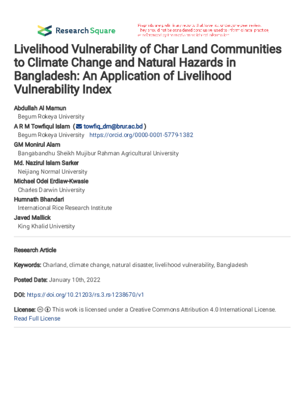 (PDF) Livelihood Vulnerability of Char Land Communities to Climate Change and Natural Hazards in ...