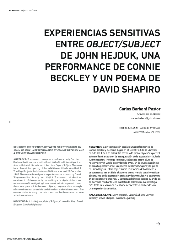 (PDF) EXPERIENCIAS SENSITIVAS ENTRE OBJECT/SUBJECT DE JOHN HEJDUK, UNA ...