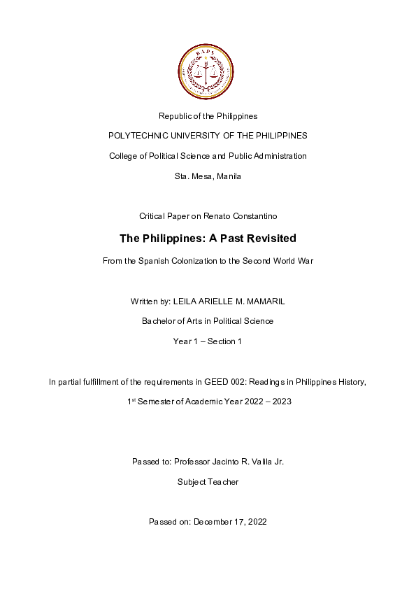 (DOC) Renato Constantino's the Philippines A Past Revisited