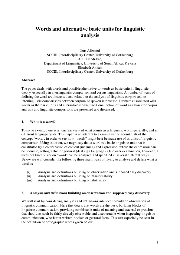 (PDF) Words and alternative basic units for linguistic analysis