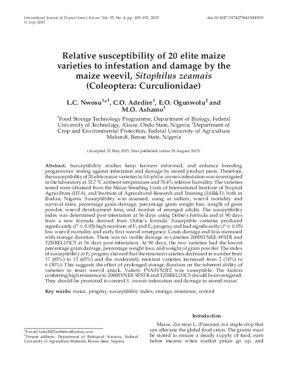 (PDF) Relative susceptibility of 20 elite maize varieties to ...