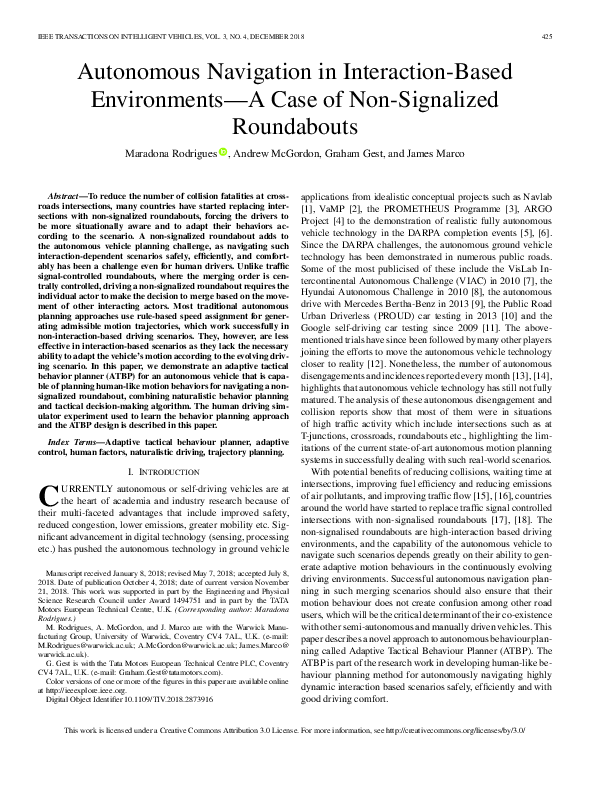 Pdf Autonomous Navigation In Interaction Based Environments—a Case Of Non Signalized Roundabouts