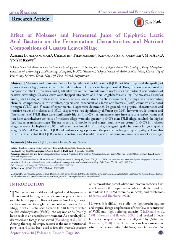 Pdf Effect Of Molasses And Fermented Juice Of Epiphytic Lactic Acid