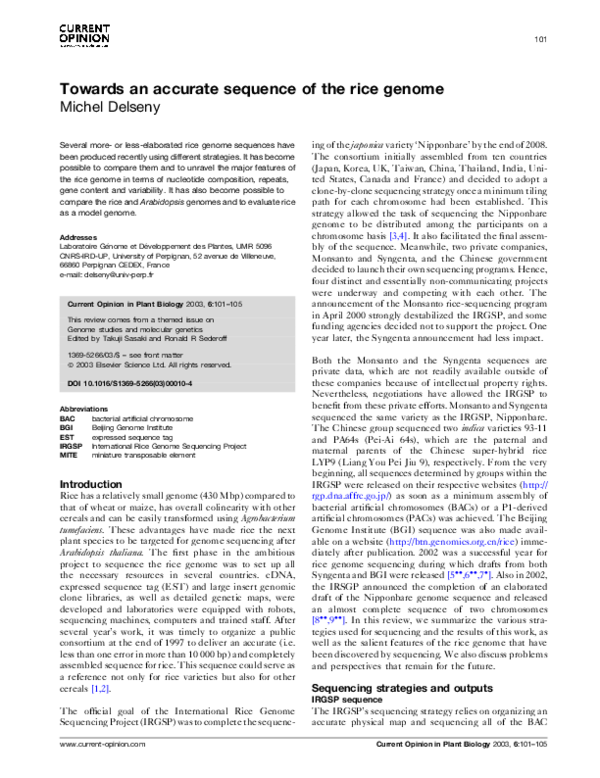 (PDF) Towards an accurate sequence of the rice genome
