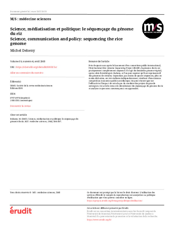 (PDF) Science, médiatisation et politique : le séquençage du génome du riz
