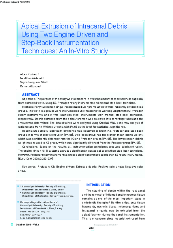 (PDF) Apical Extrusion of Intracanal Debris Using Two Engine Driven and ...