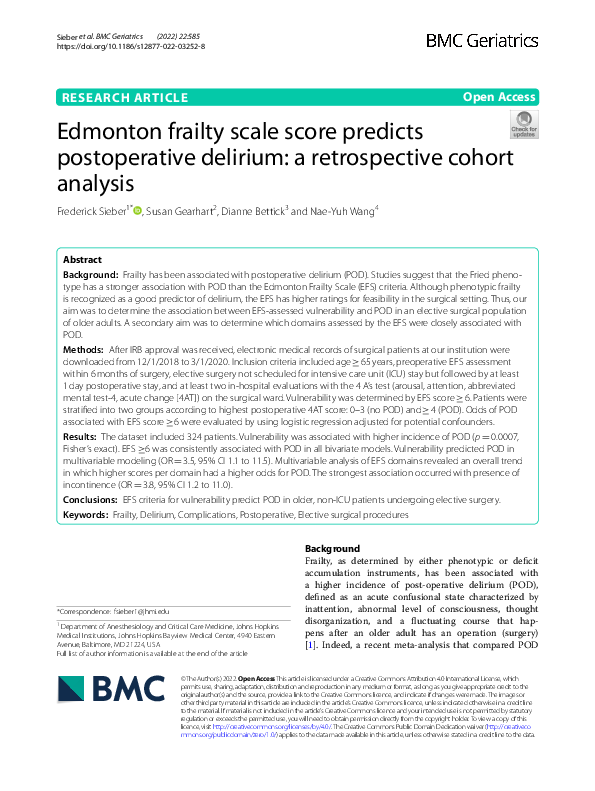 (PDF) Edmonton Frailty Scale Score Predicts Postoperative Delirium: A ...