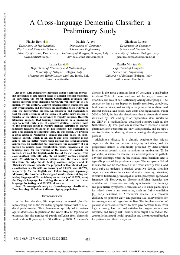 (PDF) A Cross-language Dementia Classifier: a Preliminary Study