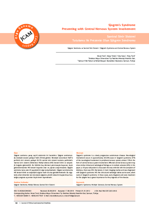 (PDF) Sjogren’s Syndrome Presenting with Central Nervous System Involvement