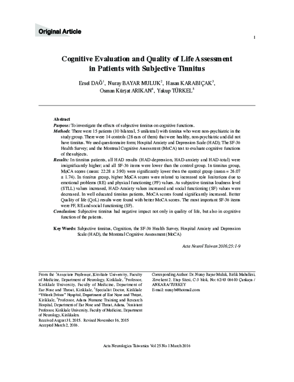 (PDF) Cognitive Evaluation and Quality of Life Assessment in Patients ...
