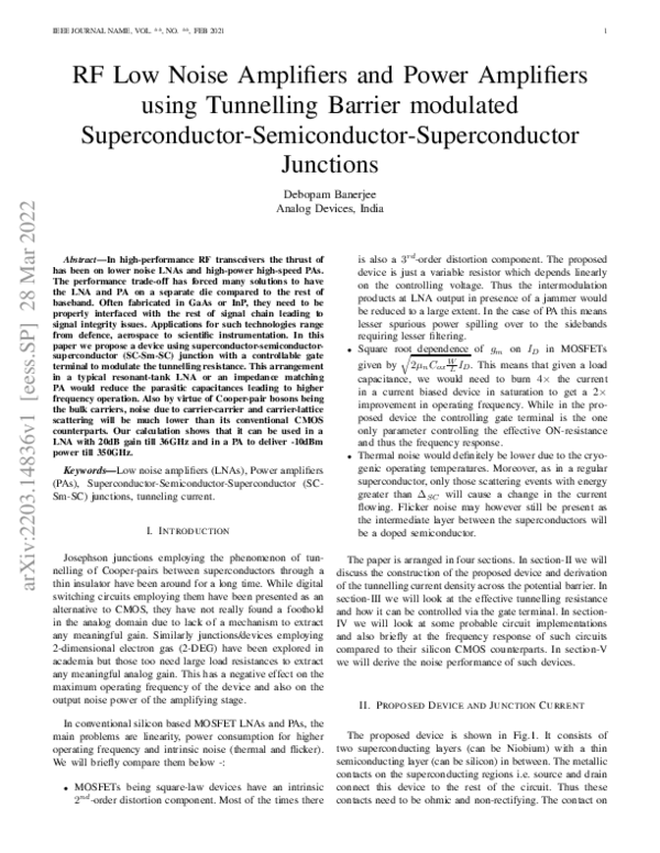 (PDF) RF Low Noise Amplifiers and Power Amplifiers using Tunnelling Barrier modulated ...
