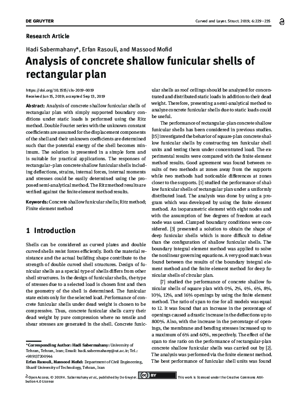 (PDF) Analysis of concrete shallow funicular shells of rectangular plan