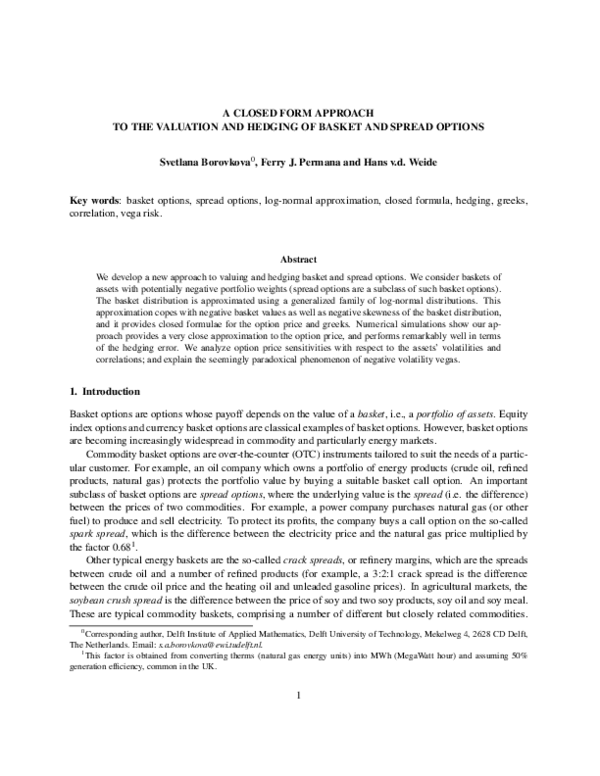 (PDF) A Closed Form Approach to the Valuation and Hedging of Basket and ...