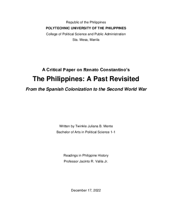 (PDF) A Critical Paper on "The Philippines: A Past Revisited" by Renato Constantino.
