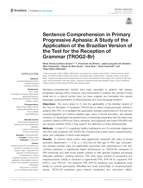 (PDF) Sentence Comprehension in Primary Progressive Aphasia: A Study of ...