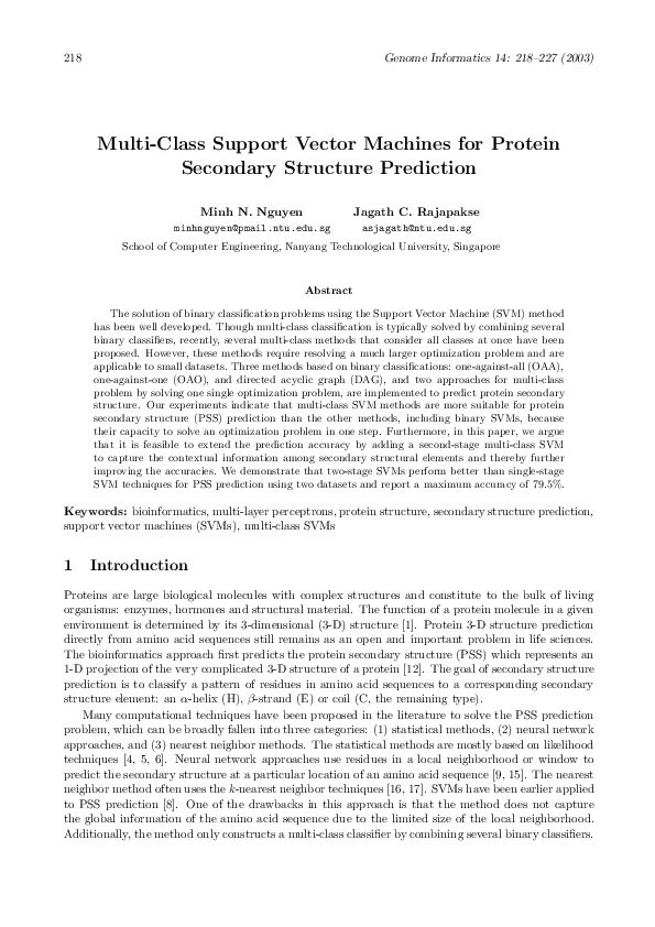 (PDF) Multi-class support vector machines for protein secondary structure prediction