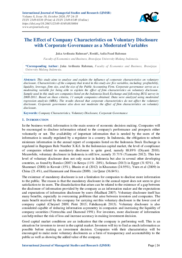 (PDF) The Effect of Company Characteristics on Voluntary Disclosure with Corporate Governance as ...