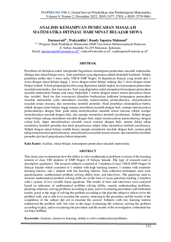 (PDF) ANALISIS KEMAMPUAN PEMECAHAN MASALAH MATEMATIKA DITINJAU DARI MINAT BELAJAR SISWA