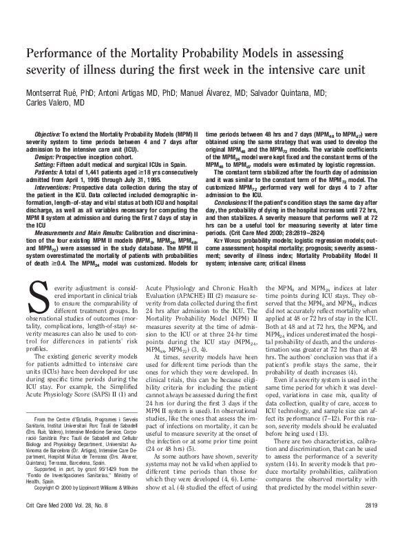 (PDF) Performance of the Mortality Probability Models in assessing ...