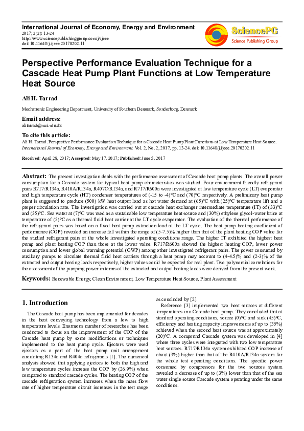(PDF) Perspective Performance Evaluation Technique for a Cascade Heat Pump Plant Functions at ...