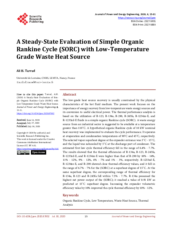 (PDF) A Steady-State Evaluation of Simple Organic Rankine Cycle (SORC ...