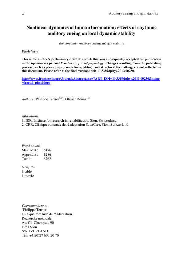 (PDF) Non-linear dynamics of human locomotion: effects of rhythmic ...