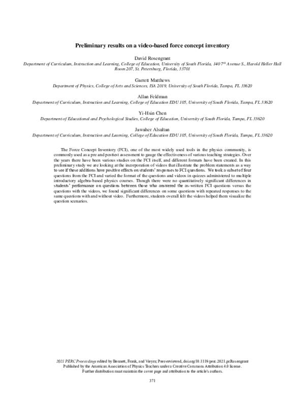 (PDF) Preliminary results on a video-based force concept inventory