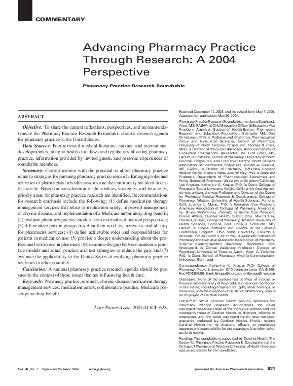 (PDF) Advancing Pharmacy Practice Through Research: A 2004 Perspective