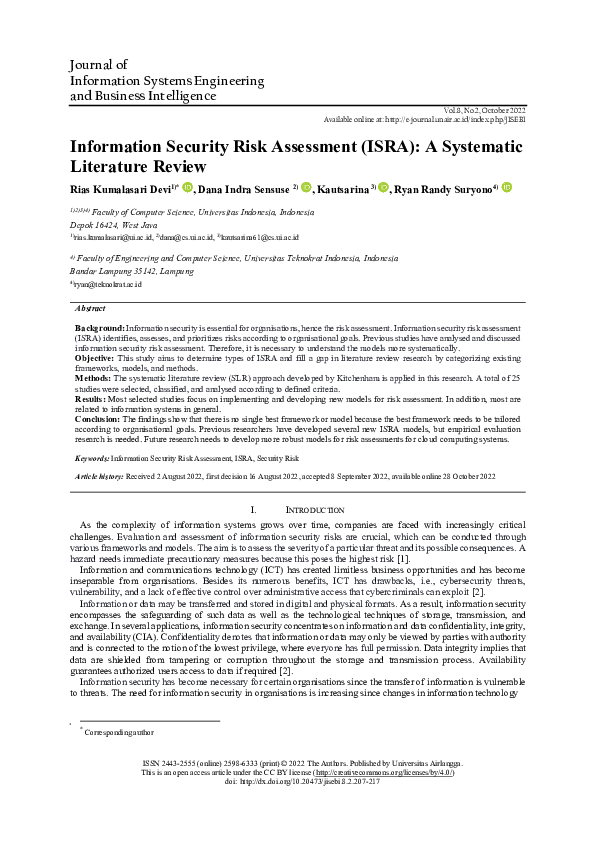 Pdf Information Security Risk Assessment Isra A Systematic Literature Review