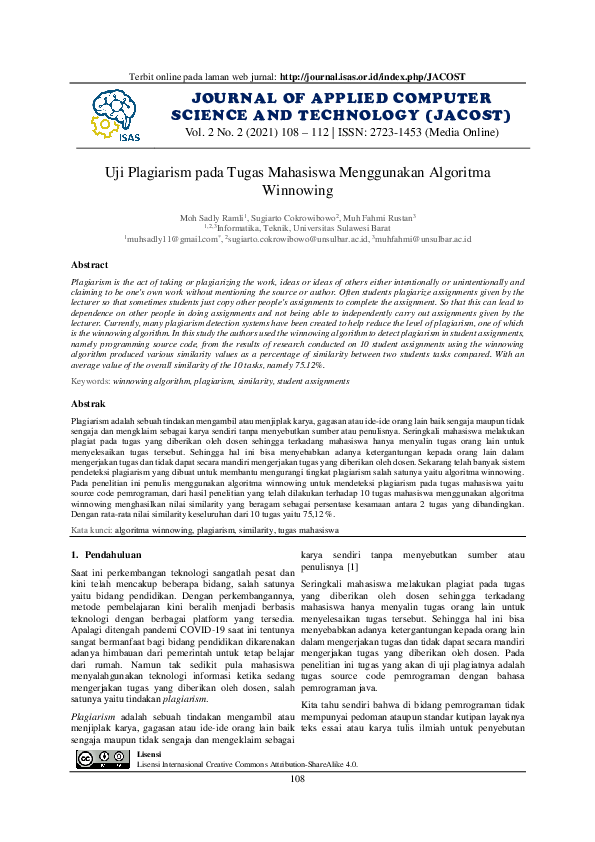 (PDF) Uji Plagiarism pada Tugas Mahasiswa Menggunakan Algoritma Winnowing