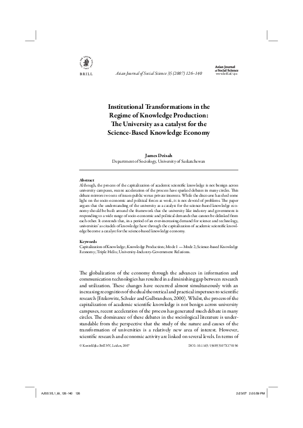 (PDF) Institutional Transformations in the Regime of Knowledge Production: The University as a ...