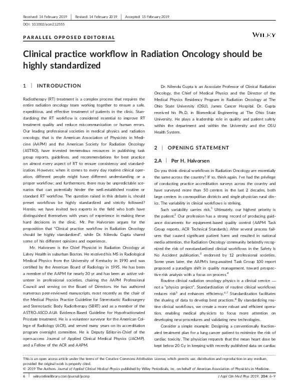 (PDF) Clinical practice workflow in Radiation Oncology should be highly ...