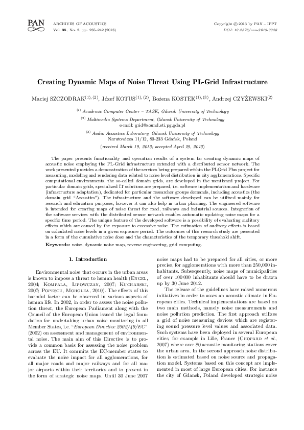 (PDF) Creating Dynamic Maps of Noise Threat Using PL-Grid Infrastructure (PDF) Creating Dynamic Maps of Noise Threat Using PL-Grid Infrastructure