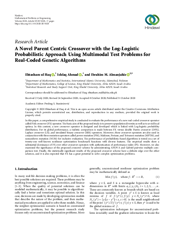 (PDF) A Novel Parent Centric Crossover with the Log-Logistic Probabilistic Approach Using ...