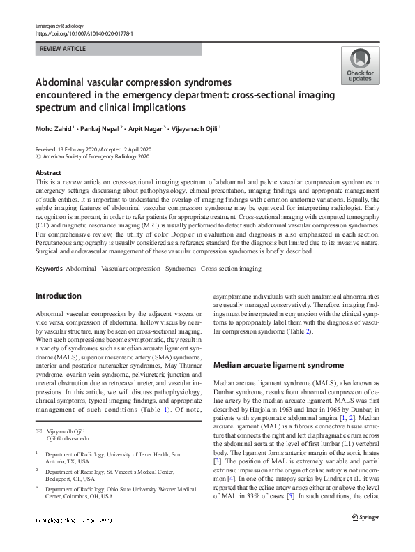 (PDF) Abdominal vascular compression syndromes encountered in the ...