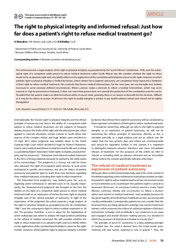 (PDF) The right to physical integrity and informed refusal: Just how ...