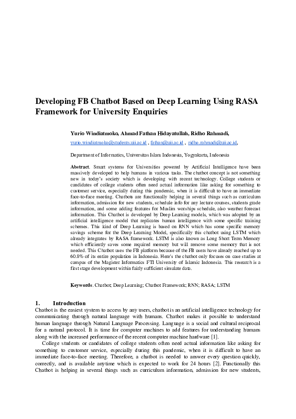Pdf Developing Facebook Chatbot Based On Deep Learning Using Rasa Framework For University