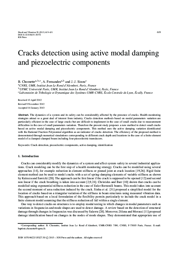 (PDF) Cracks Detection Using Active Modal Damping and Piezoelectric Components