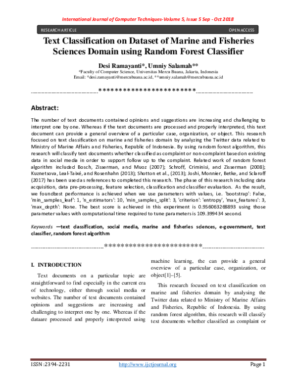 (PDF) Text Classification on Dataset of Marine and FisheriesSciences Domain using Random Forest ...