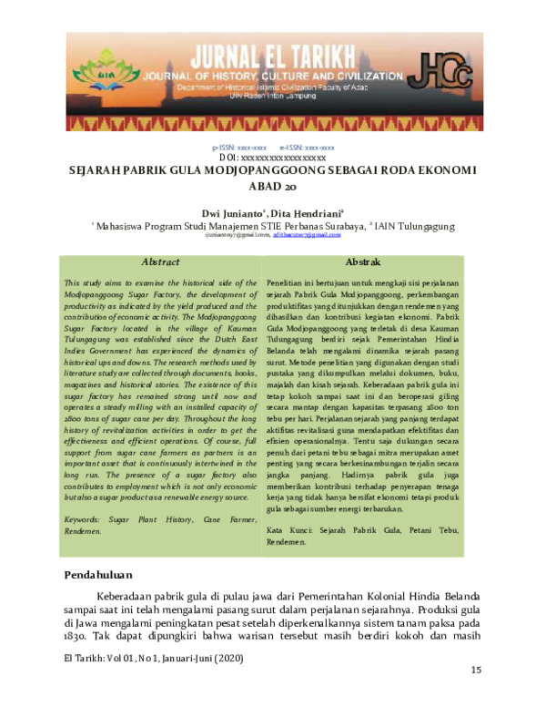 (PDF) Sejarah Pabrik Gula Modjopanggoong Sebagai Roda Ekonomi Abad 20