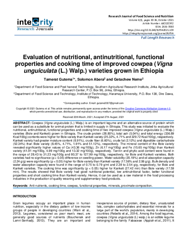 (PDF) Evaluation of nutritional, antinutritional, functional properties and cooking time of ...