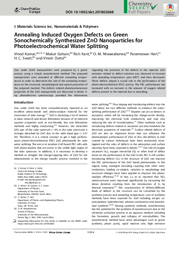 (PDF) Annealing Induced Oxygen Defects on Green Sonochemically ...