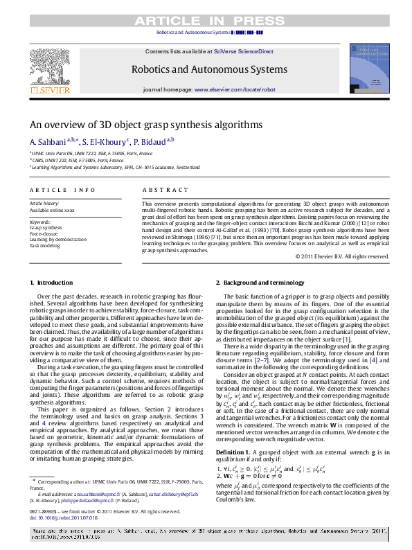 (PDF) Overview of 3D Grasp Synthesis Algorithms for Robotics
